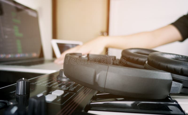 Musician Work Set With Paper With Notes And Vynil Stone Table ...