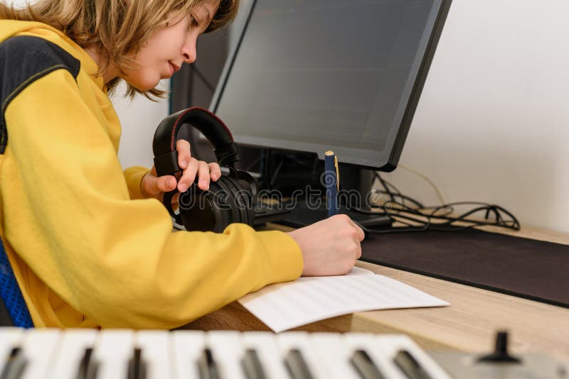 Musician writing song stock image. Image of headphones - 259339647