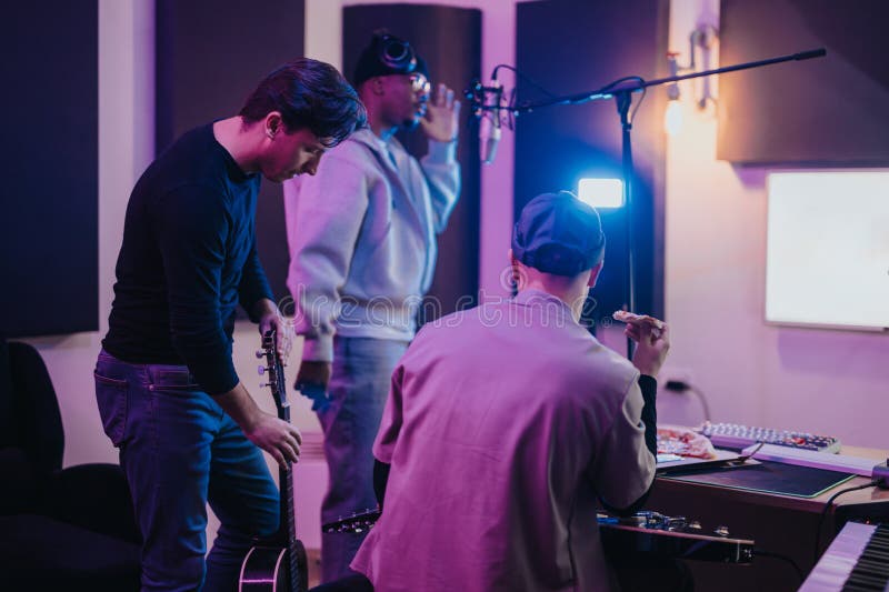 Musicians Collaborating in a Professional Recording Studio with Guitars ...