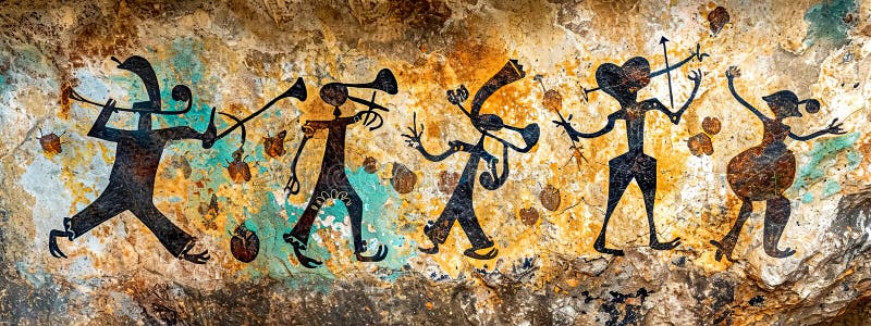 Musicians with Instruments, Resembling Ancient Cave Paintings, Set ...