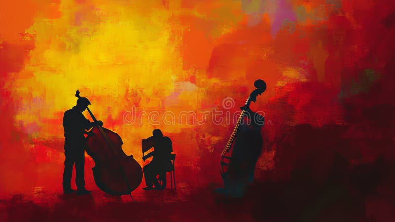 Musicians, Outlined in Shadow, Perform on String Instruments Against a ...