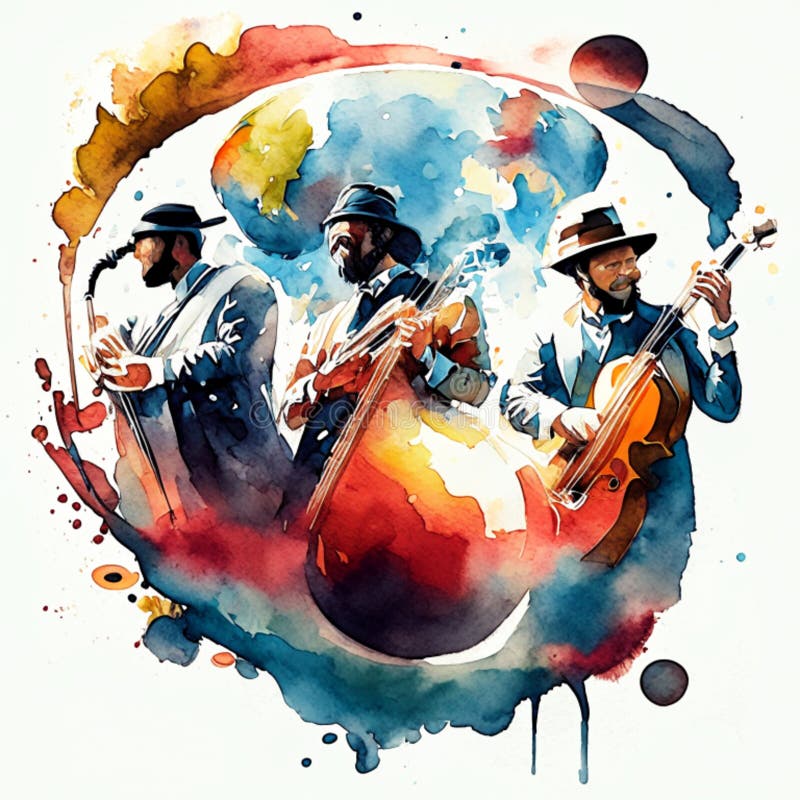 Musicians Playing Musical Instruments. Hand Drawn Watercolor ...