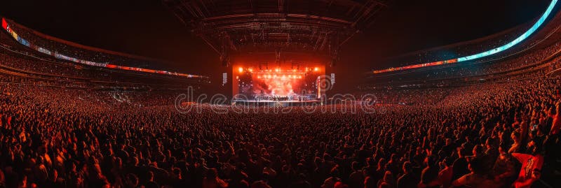 Musicians Playing on Stage in a Packed Stadium during a Live Concert ...