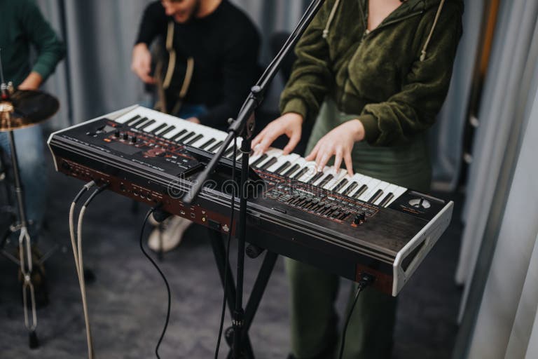 Musicians Practicing at Studio with Keyboard and Instruments Stock ...