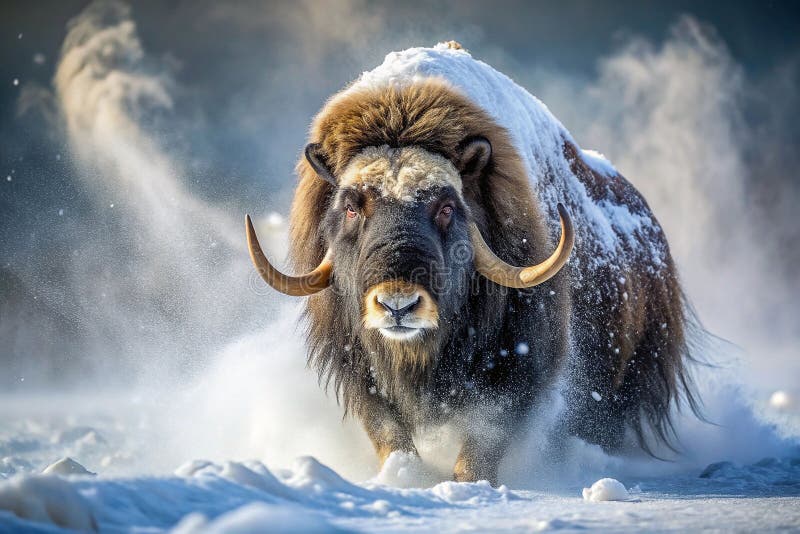 Musk Ox Charging through Snowy Arctic Landscape Stock Illustration ...
