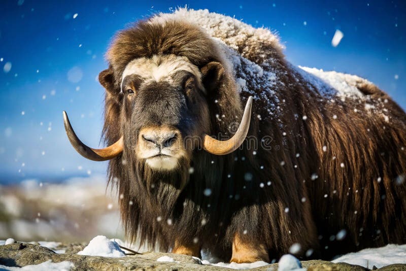Musk Ox in Snowy Mountains Snow Falling Stock Illustration ...
