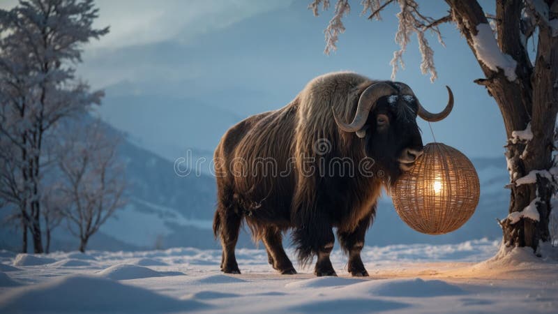 Majestic Musk Ox in Winter Wonderland, Sniffing a Glowing Lantern Stock ...