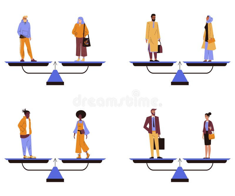 Men And Women Standing On Weighing Dishes Of Balance Scale Gender