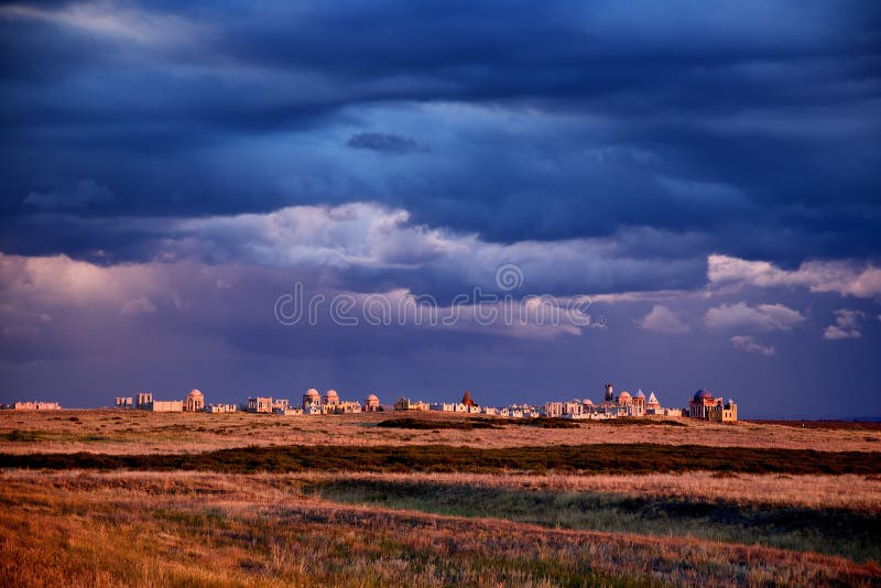 Muslim Cemetery at Sunset on Background of Storm Clouds Stock Photo ...