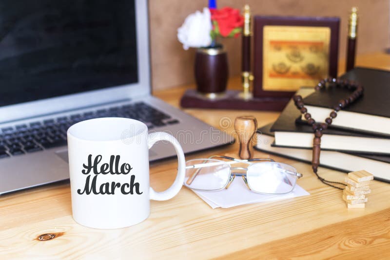 Muslim Desktop and Hello March Concept. Stock Image - Image of eyewood ...