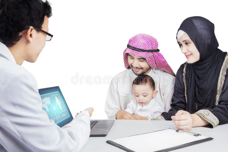 Muslim Family and Doctor with Laptop on Studio Stock Photo - Image of ...