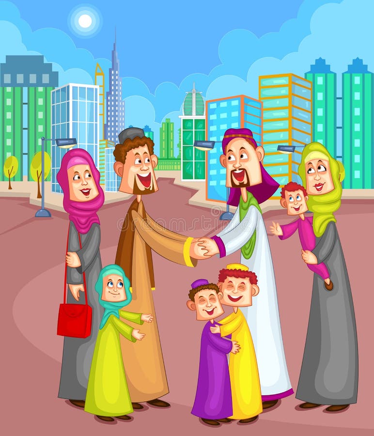Muslim Family Greeting Friends Stock Vector - Illustration of happiness ...