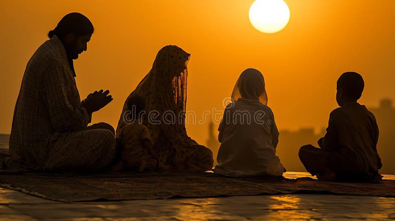 Muslim Family Praying at Sunset Stock Photo - Image of parents ...