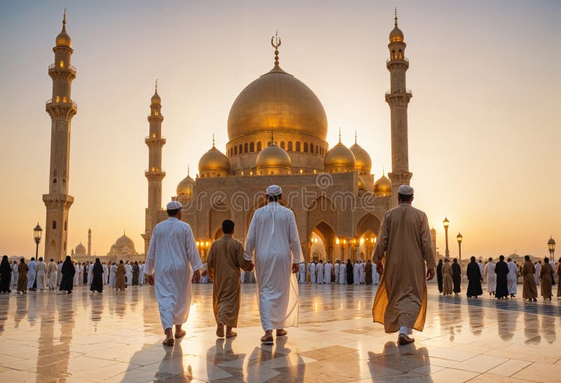Muslim Family Walking in Front of a Mosque at Sunset Stock Illustration ...
