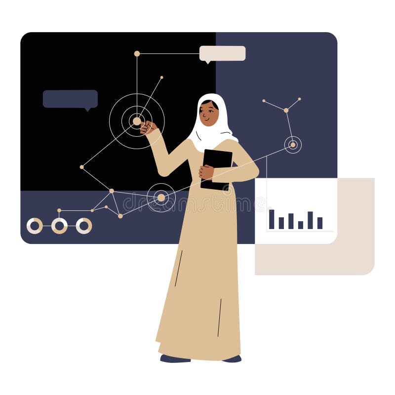Muslim Female Analyst Presenting Data Mapping in Flat Vector Illustration Symbolizing ...