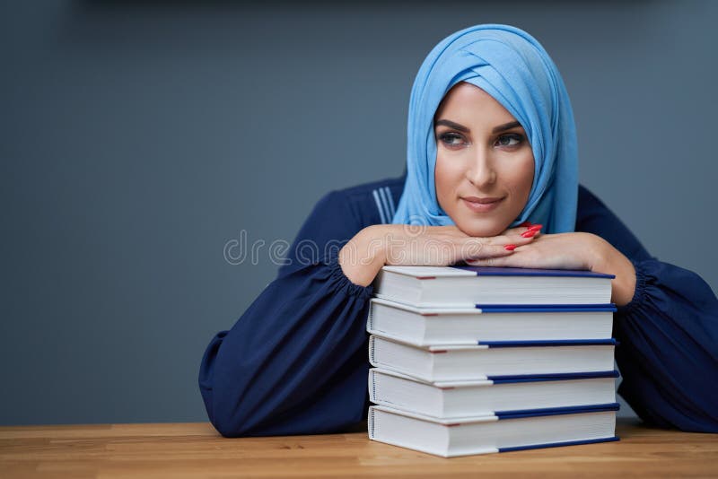Muslim Female Student Learning at Home Stock Image - Image of library ...