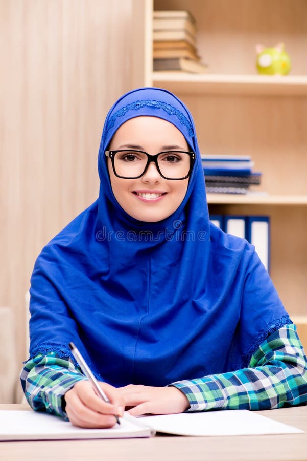 The Muslim Girl Preparing for Entry Exams Stock Photo - Image of happy ...