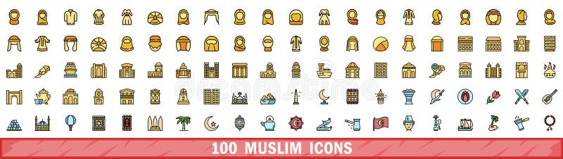 100 Muslim Icons Set, Color Line Style Stock Vector - Illustration of ...