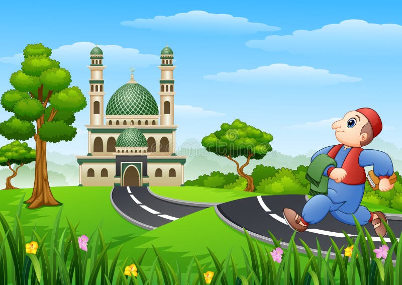 Muslim Kid Cartoon Going To Mosque Stock Vector - Illustration of ...