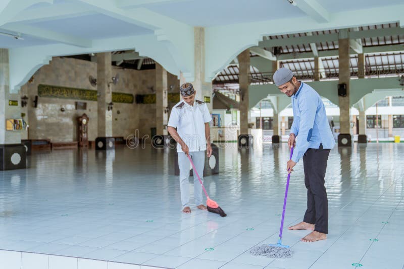 Muslim Male Cleaning the Mosque Using Broom and Sweeping the Floor ...
