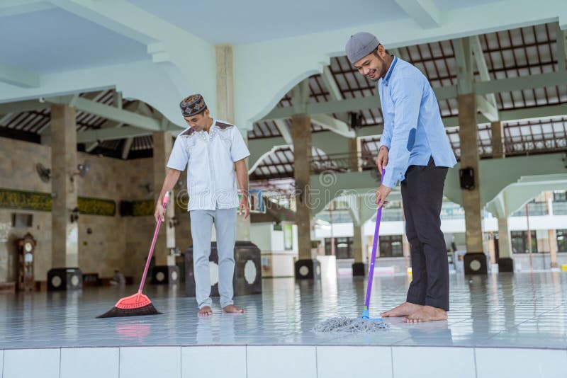 Muslim Male Cleaning the Mosque Using Broom and Sweeping the Floor ...