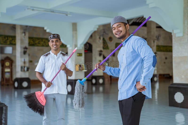 Muslim Male Cleaning the Mosque Using Broom and Sweeping the Floor ...