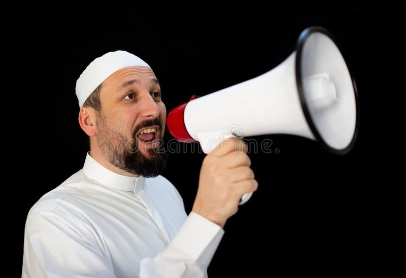 Muslim Man with Beard Shouting through Megaphone Calling for Hajj Stock ...