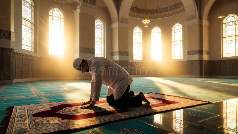 A Muslim Man Deeply Engaged in Prayer Inside the Masjid - a Moment of ...
