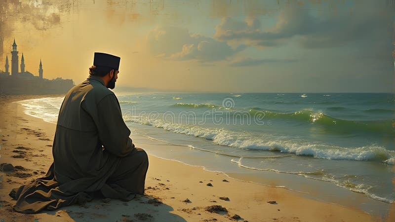 Muslim Man Praying on the Beach at Sunset Stock Illustration ...