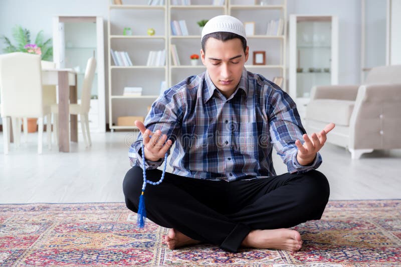 The Muslim Man Praying at Home Stock Image - Image of interior, adult ...