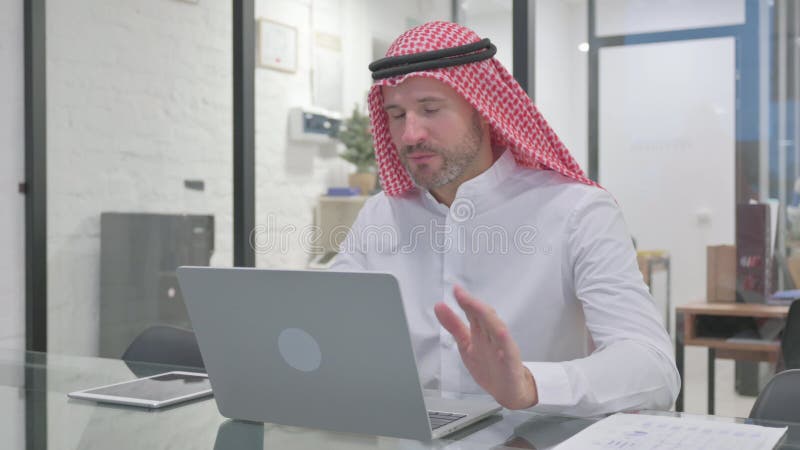 Muslim Man Talking with Customer Online, Video Conference Stock Footage ...