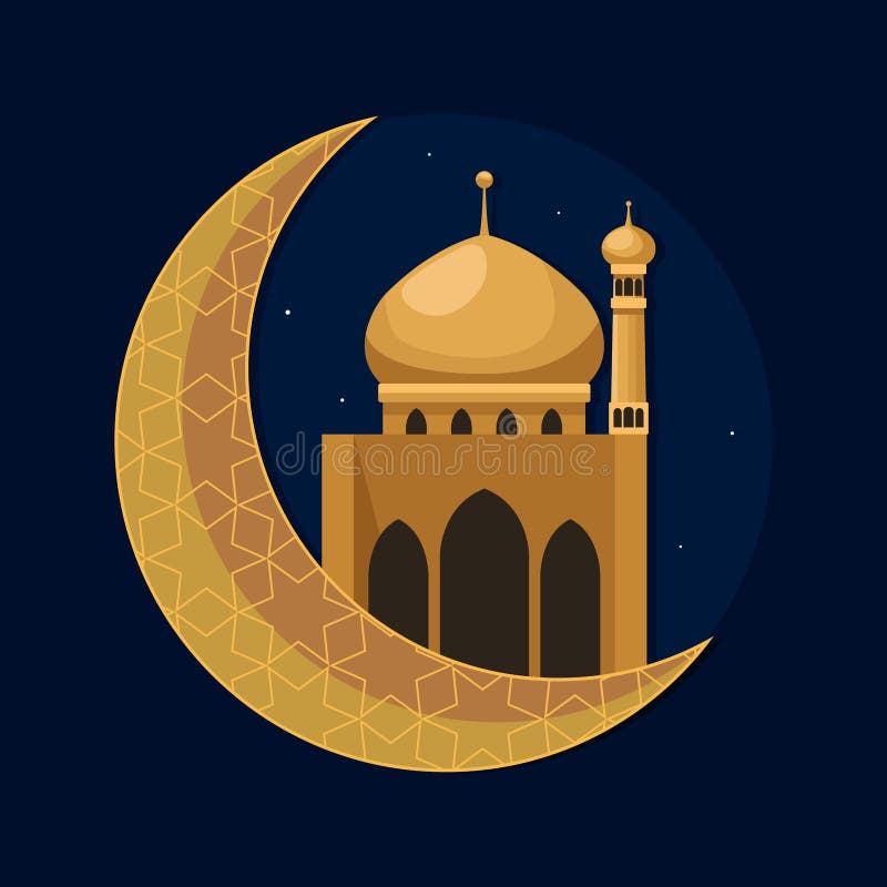 Muslim Mosque in Crescent Moon Stock Vector - Illustration of golden ...