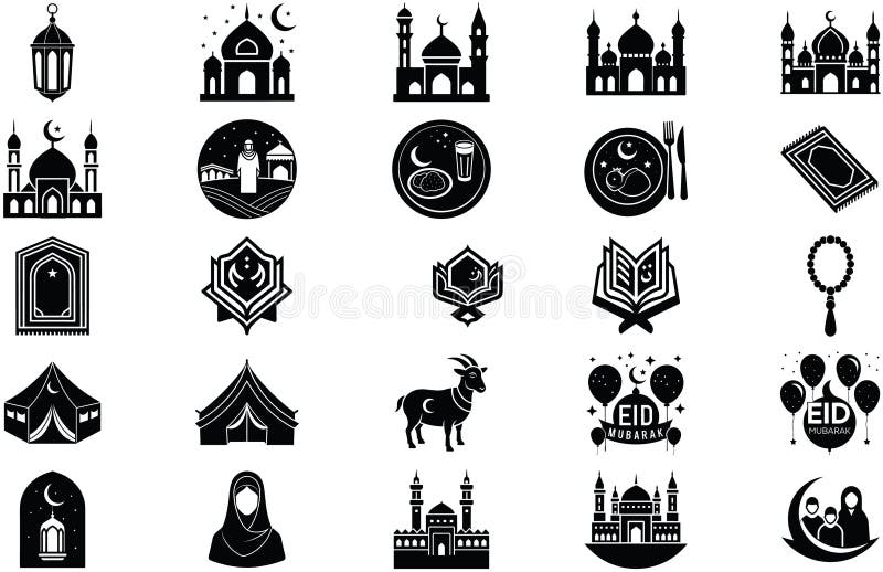 Muslim Religious Traditions Icons Set Stock Illustration - Illustration ...