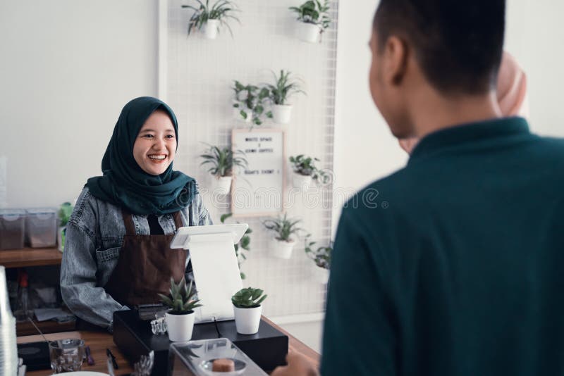 Muslim Waiter in Cafe Counter Stock Photo - Image of customer, male ...