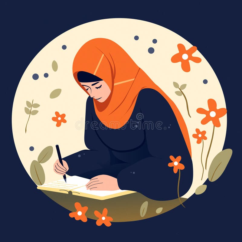 Muslim Woman in Hijab Writing in Notebook. Stock Illustration ...