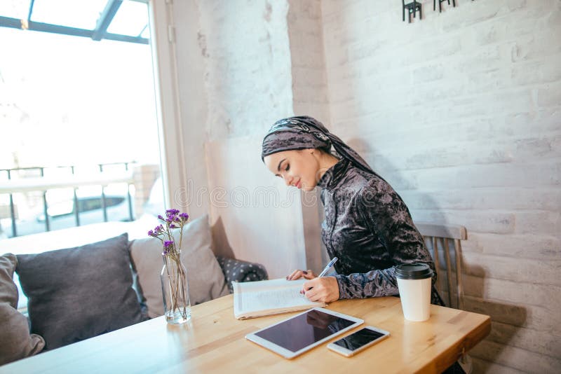 Muslim Woman Working in Cafe Stock Image - Image of people, arabic ...