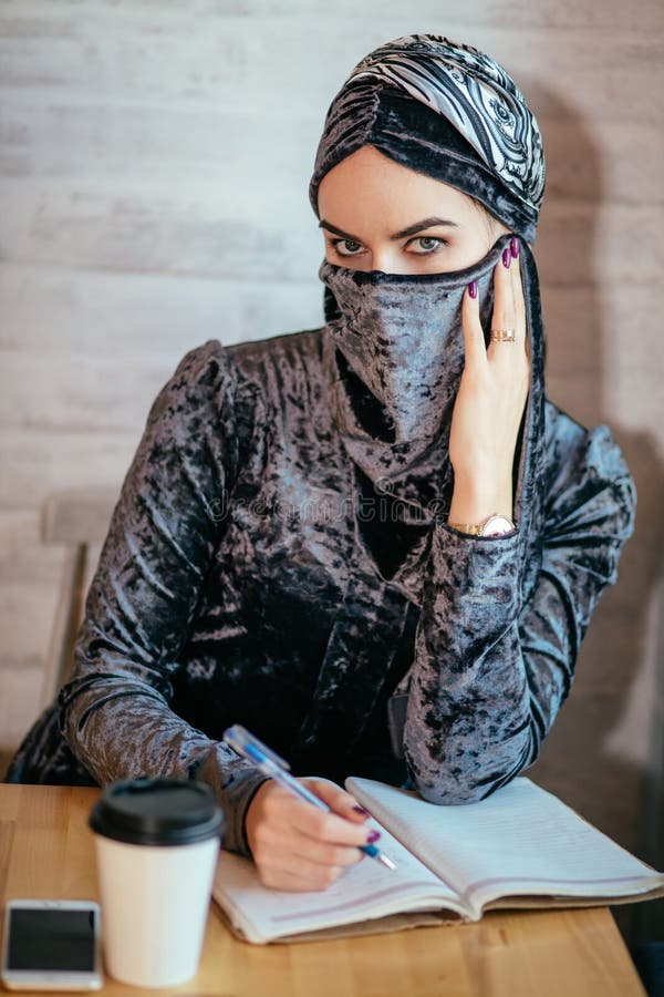Muslim Woman Writing Her Notebook Cafe Stock Photos - Free & Royalty ...