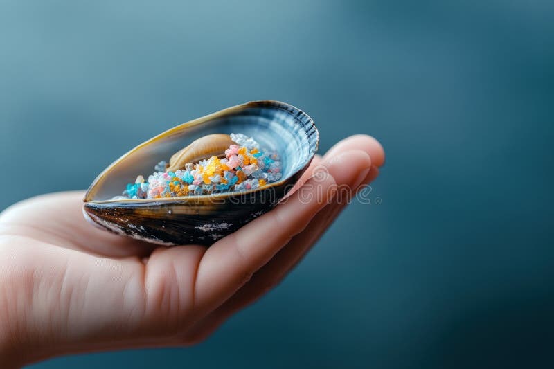 Mussel Shell with Microplastic Particles Stock Image - Image of toxic ...