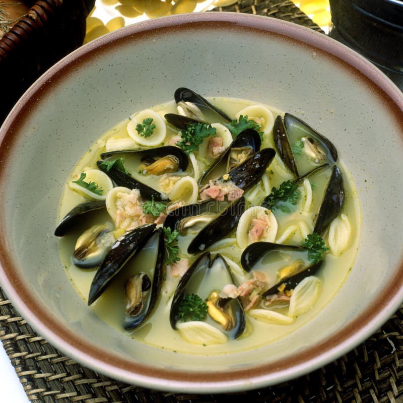 Still life of mussel soup stock image. Image of nutrition - 238104377