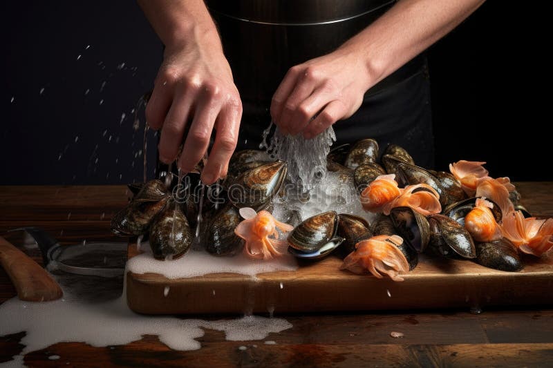 Mussels Being Cleaned and Debearded on a Board Stock Illustration ...