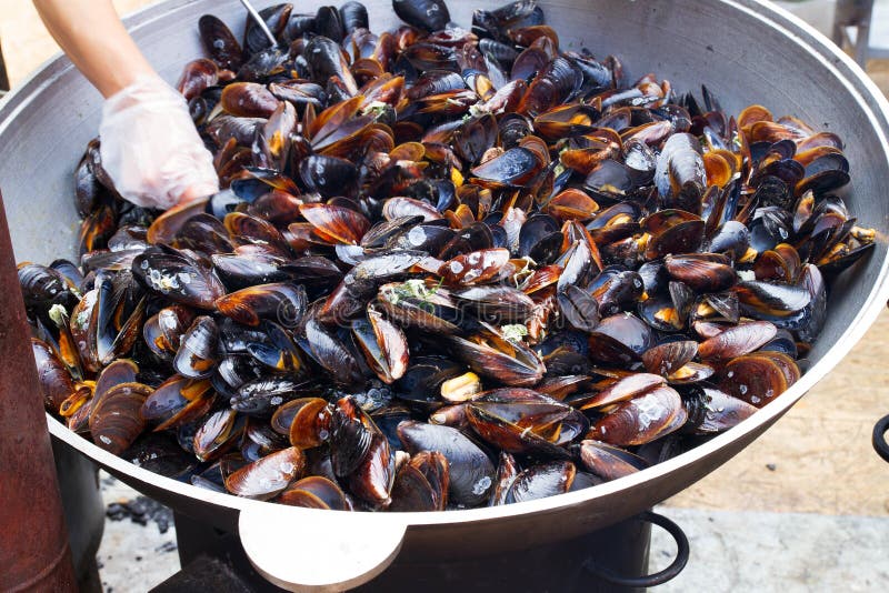 Mussels in Big Cauldron. Street Food. Stock Image - Image of curry ...