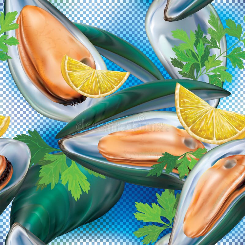 Mussels on a Blue Background Stock Vector - Illustration of pattern ...