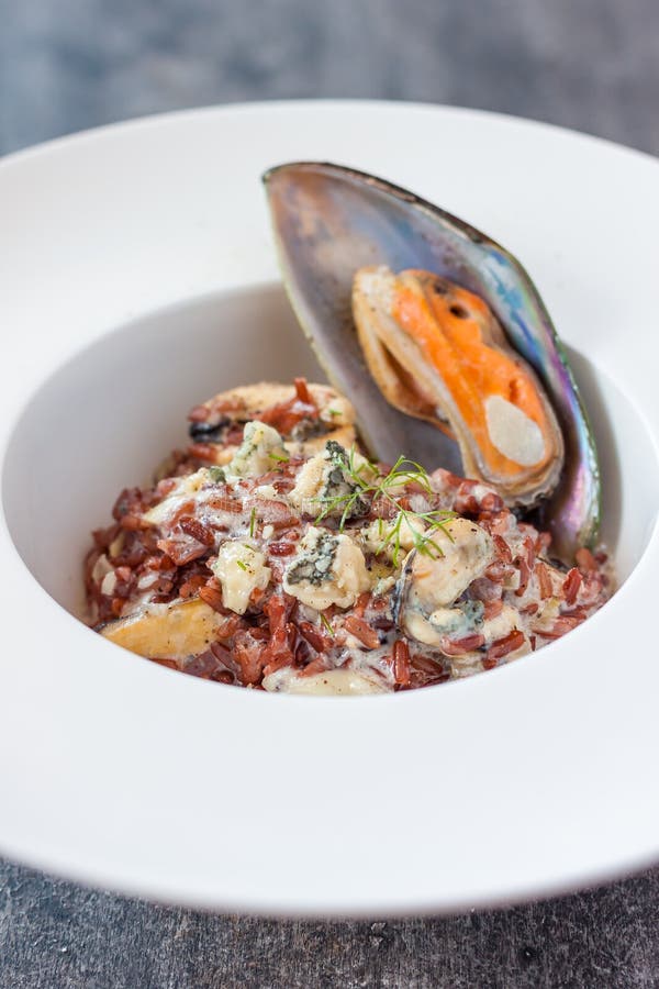Mussels with Blue Cheese and Red Rice Stock Image - Image of meat ...
