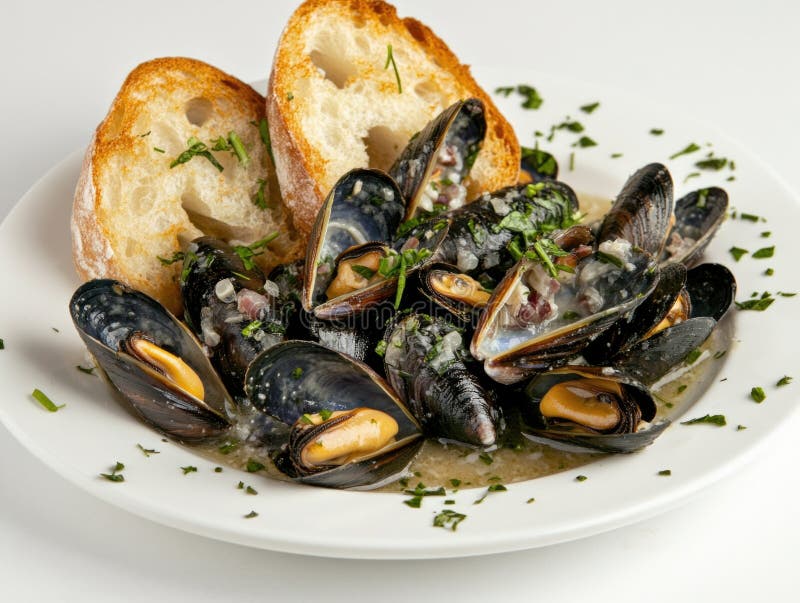 Mussels and bread on table stock image. Image of restaurant - 381242123