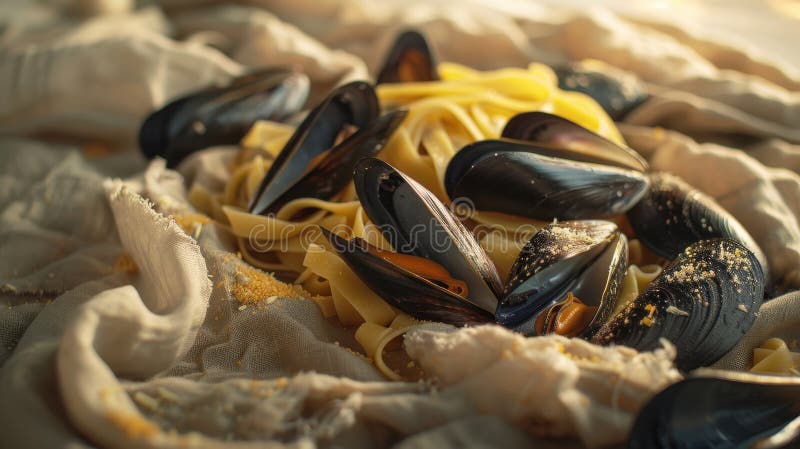 Mussels and Pasta Resting on a Fabric Surface Stock Illustration ...
