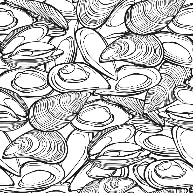 Mussels Seamless Pattern on White. Vector. Black and White. Perfect for ...