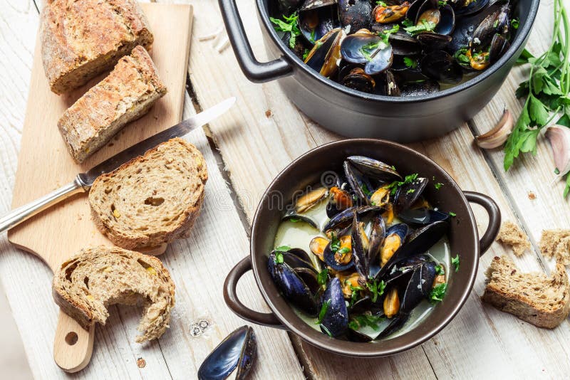 Mussels Served with Bread for Dinner Stock Image - Image of garlic ...