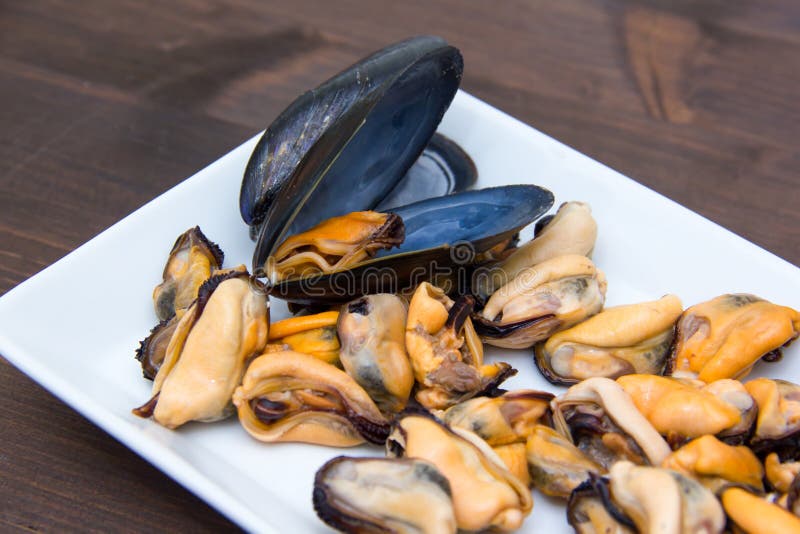 Mussels without Shells on Tray on Wood Close Stock Image - Image of ...