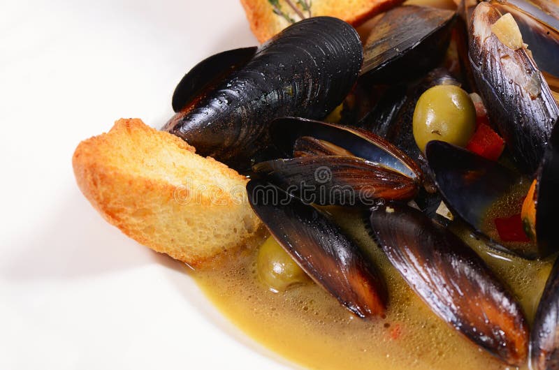 Mussels Tuscan with Crispy Ciabatta Stock Image - Image of gourmet ...