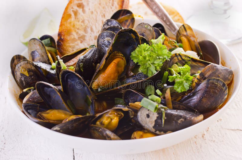 Mussla Shell Italian Sauce Med Bröd Och Tomater Fotografering för ...